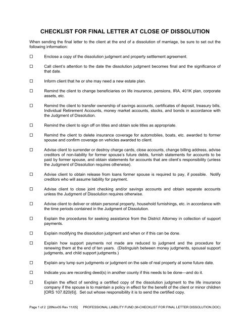 checklist for final letter at close of dissolution - Professional ...
