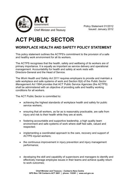 WORKPLACE Health And Safety Policy Statement Chief Minister 