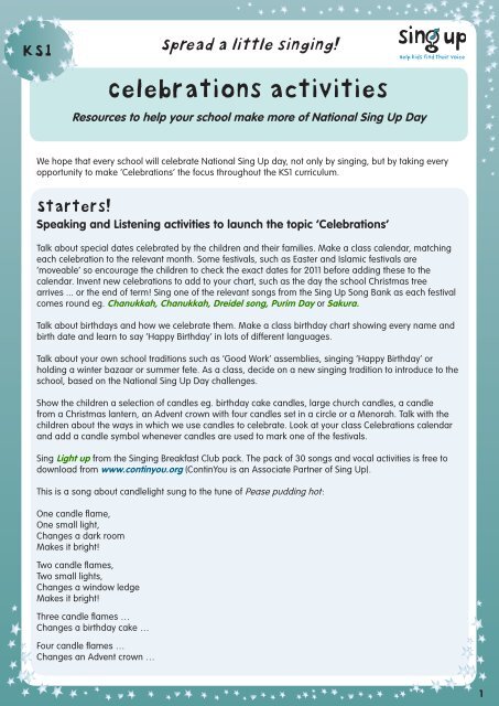 Topic plan: KS1 - Celebrations activities - Sing Up