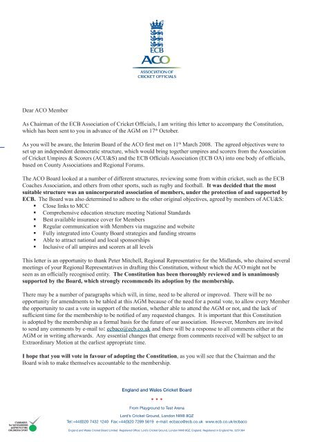 ECB ACO Constitution Letter - Ecb - England and Wales Cricket Board