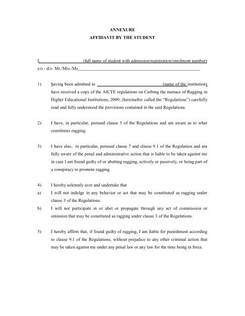 Anti Ragging Affidavit Format - bmssp.org