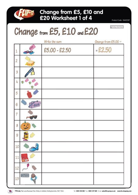 Change from Â£5, Â£10 and Â£20 Worksheet 1 of 4 - TTS