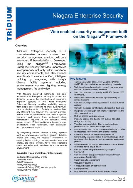 Niagara Enterprise Security Data Sheet - Tridium Europe