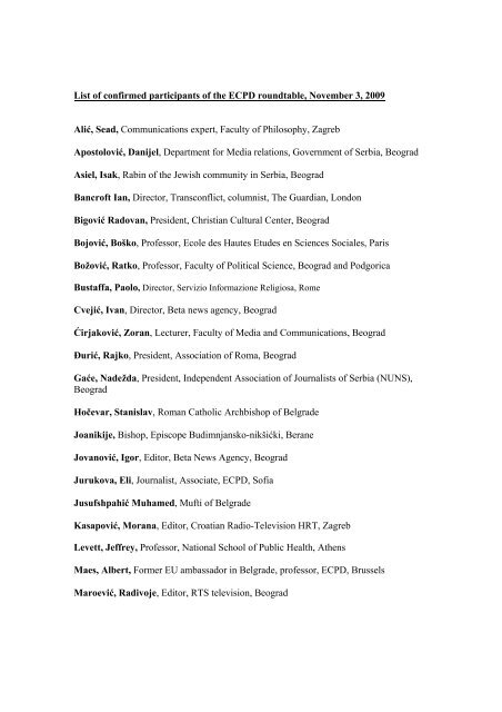 List of confirmed participants of the ECPD roundtable, November 3 ...