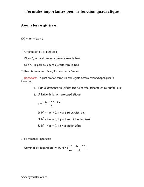 Formules importantes pour la fonction quadratique