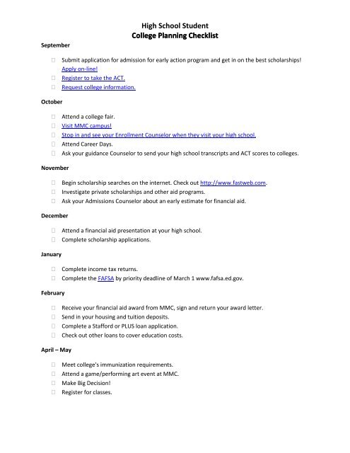 High School Student College Planning Checklist