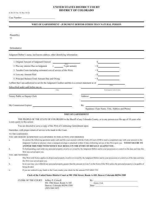 WRIT OF GARNISHMENT - JUDGMENT DEBTOR OTHER THAN ...