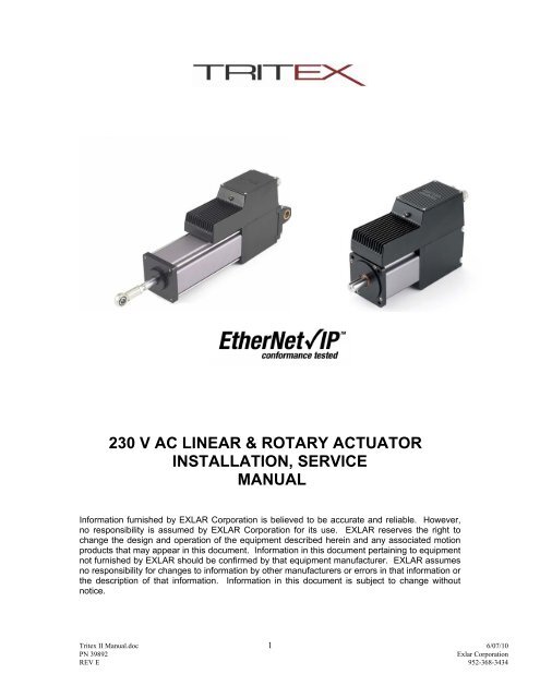 230 v ac linear & rotary actuator installation, service manual - Exlar
