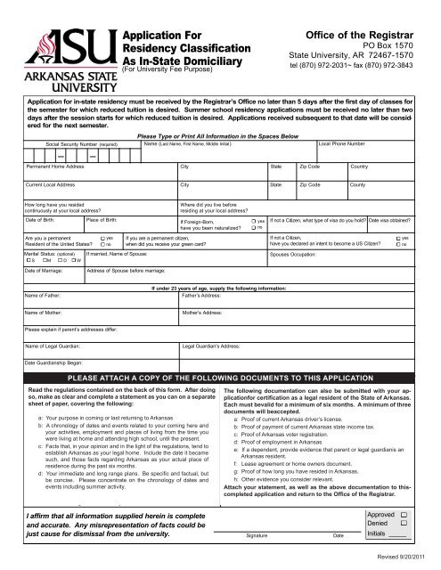 Application For Residency Classification As In-State ... - Registrar