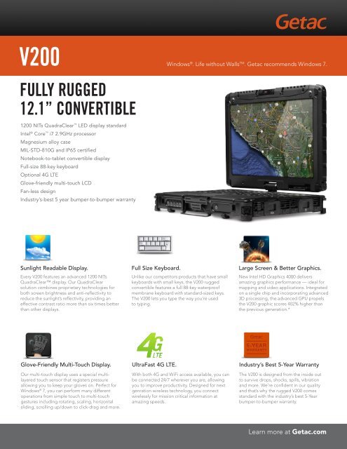 Getac V200 Features and Specifications Sheet - Group Mobile