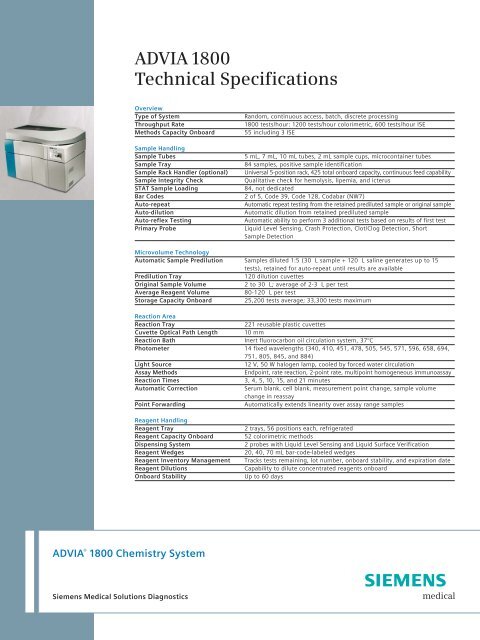 ADVIA 1800 Technical Specifications - Siemens Medical Solutions