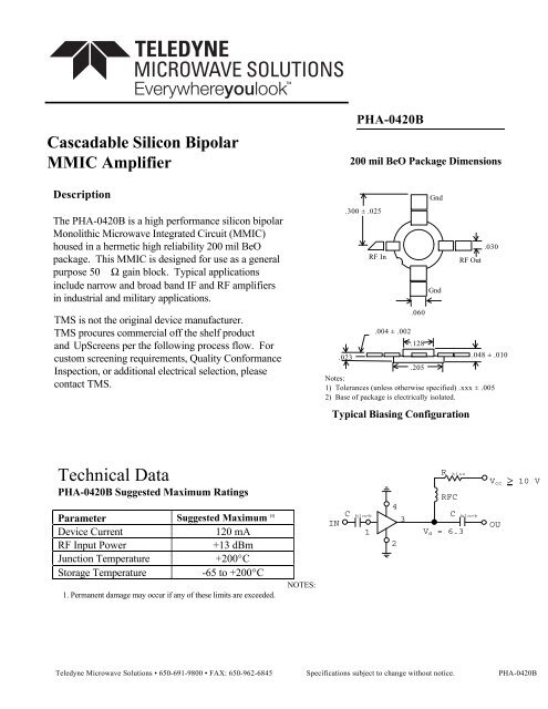 Cascadable Silicon Bipolar MMIC Amplifier - Teledyne Cougar