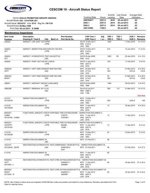 CESCOM 10 - Aircraft Status Report - Omni Jet Trading