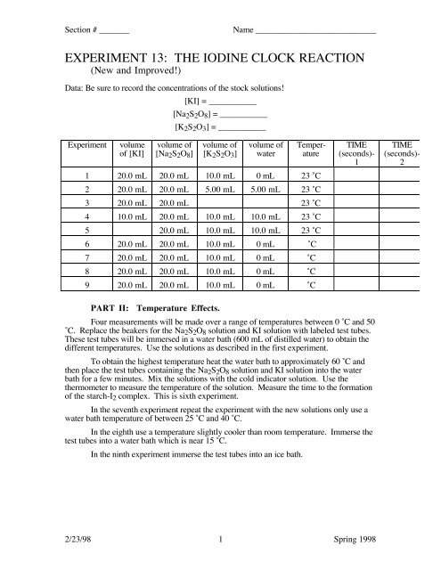 EXPERIMENT 13: THE IODINE CLOCK REACTION