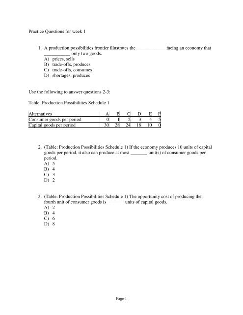 Practice Questions for week 1 1. A production possibilities frontier ...