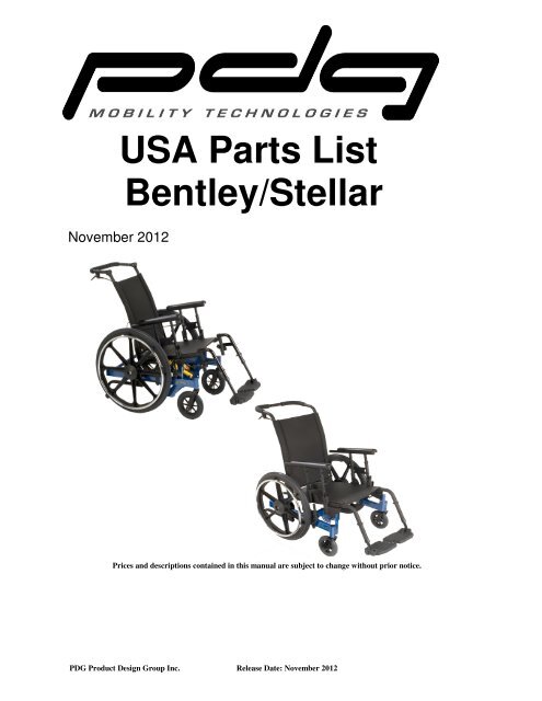 USA Parts List Bentley/Stellar - PDG Mobility Technologies