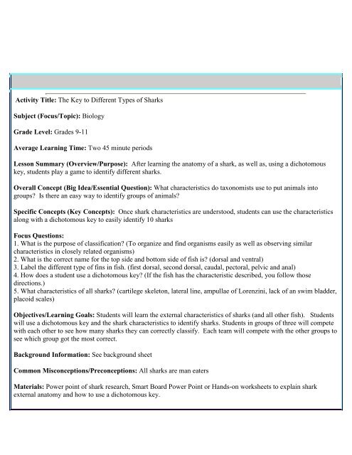 Dichotomous Key Worksheet Sharks