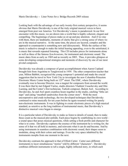 1 Mario Davidovsky -- Liner Notes for a Bridge ... - Eric Chasalow