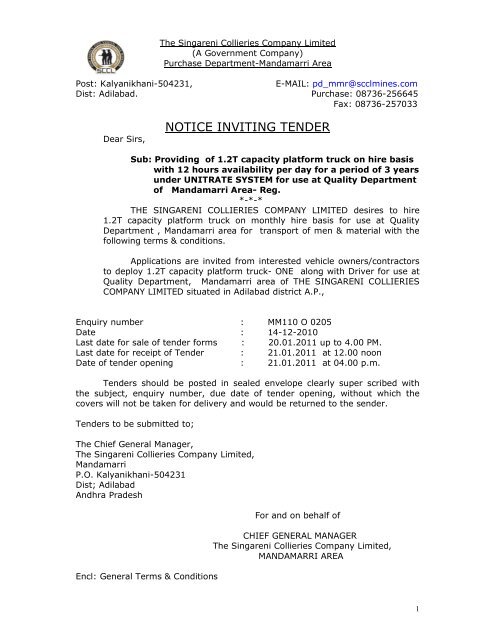 NOTICE INVITING TENDER - SCCL Home page