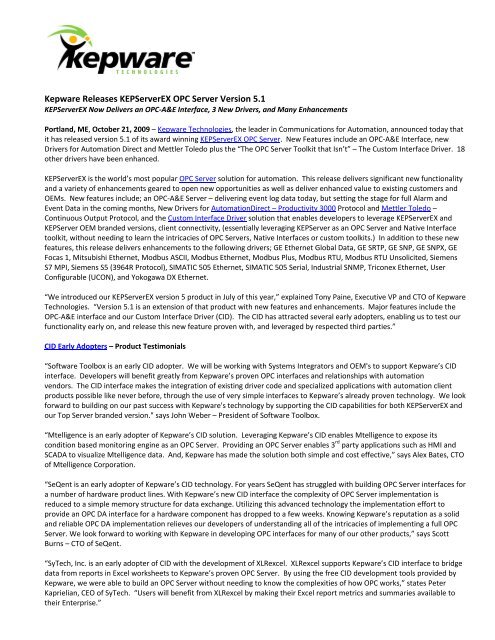 Kepware Releases Kepserverex Opc Server Version 5 1