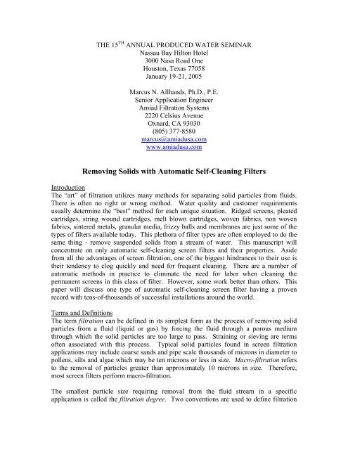 Removing Solids with Automatic Self-Cleaning Filters - Amiad