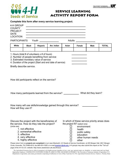 SERVICE LEARNING ACTIVITY REPORT FORM - UT Extension