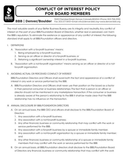 conflict of interest policy for board members - Better Business Bureau