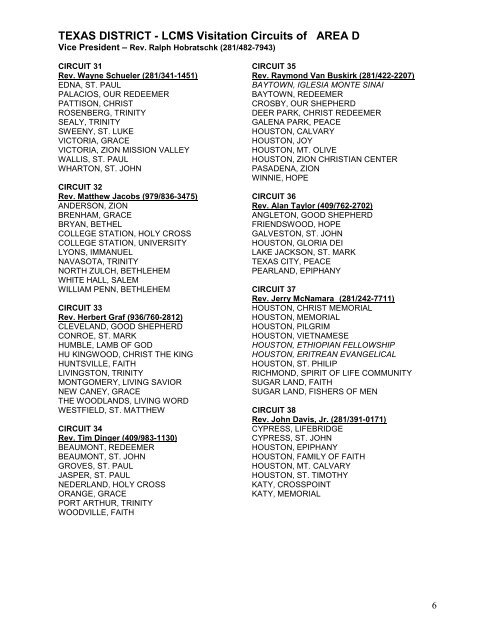 TEXAS DISTRICT - LCMS Visitation Circuits of AREA D
