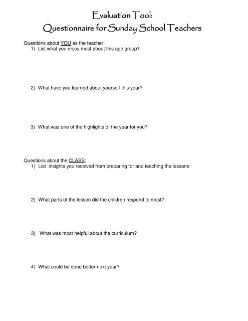 Evaluation Tool: Questionnaire for Sunday School Teachers ...