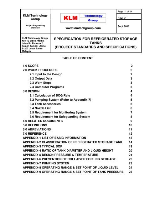 specification for refrigerated storage tanks - KLM Technology Group