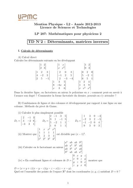 TD N 2 : DÃ©terminants, matrices inverses - lpthe