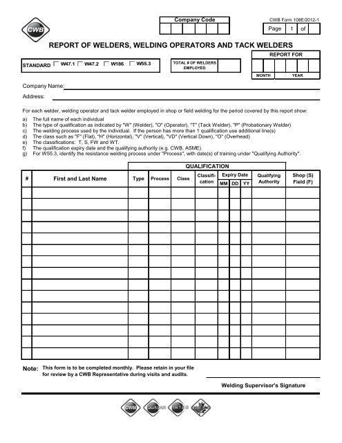 REPORT OF WELDERS, WELDING OPERATORS ... - CWB Group
