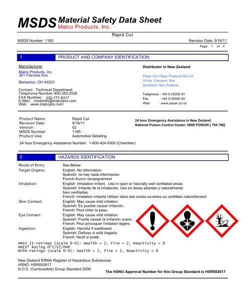 Material Safety Data Sheet - Pacer Car Clean Products