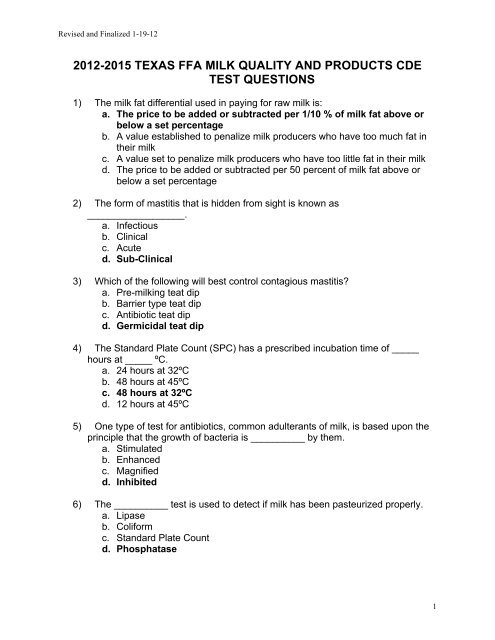 2012-2015 texas ffa milk quality and products cde test questions