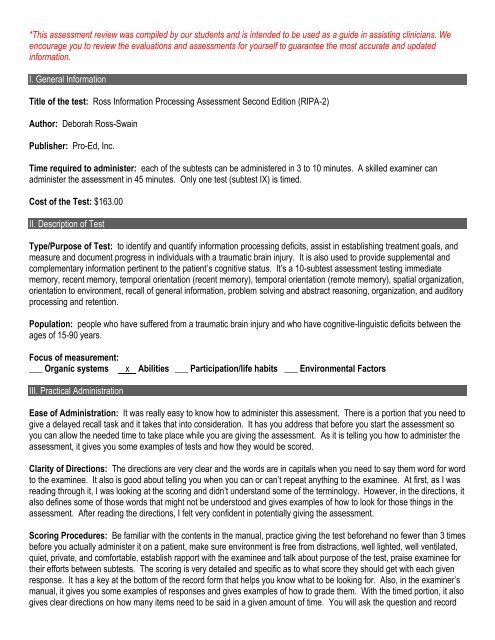 Ross Information Processing Assessment, Second Edition (RIPA)