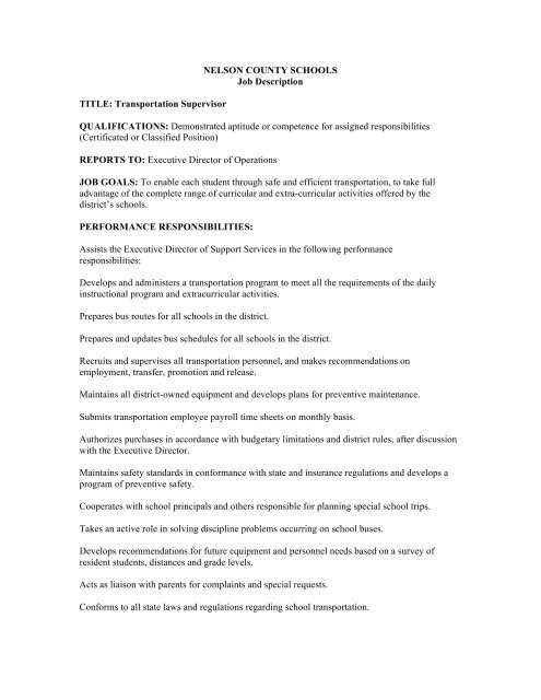 job description - transportation supervisor - Nelson County School ...