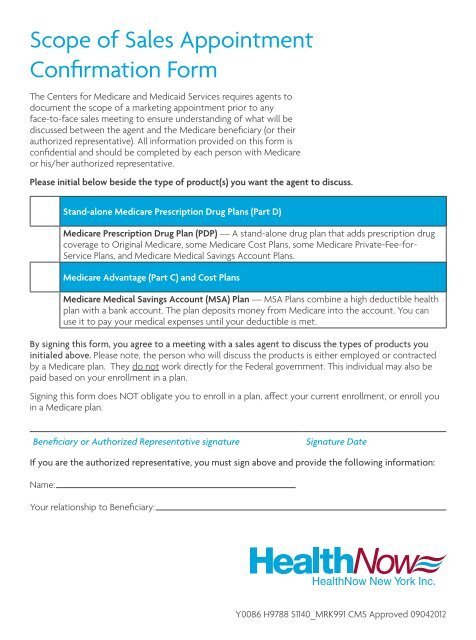 Scope of Sales Appointment Confirmation Form - HealthNow New ...