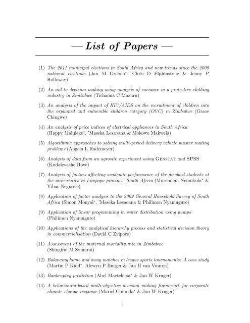 —List of Papers — - ORSSA