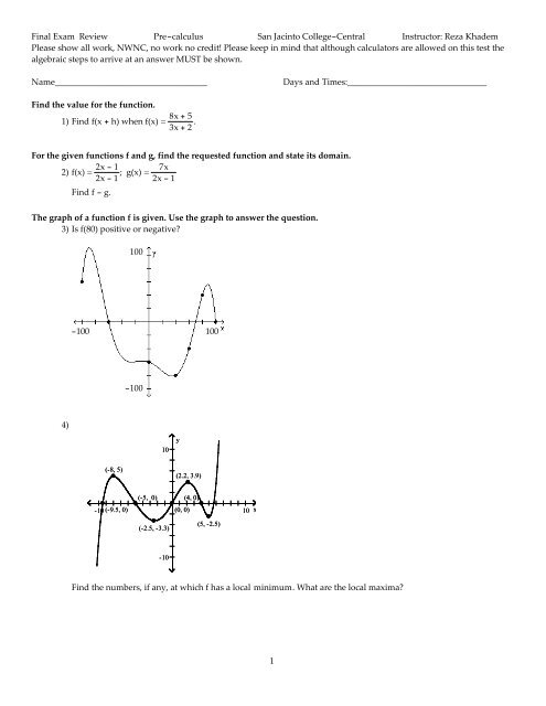Final Exam Review Pre-calculus San Jacinto College-Central ...