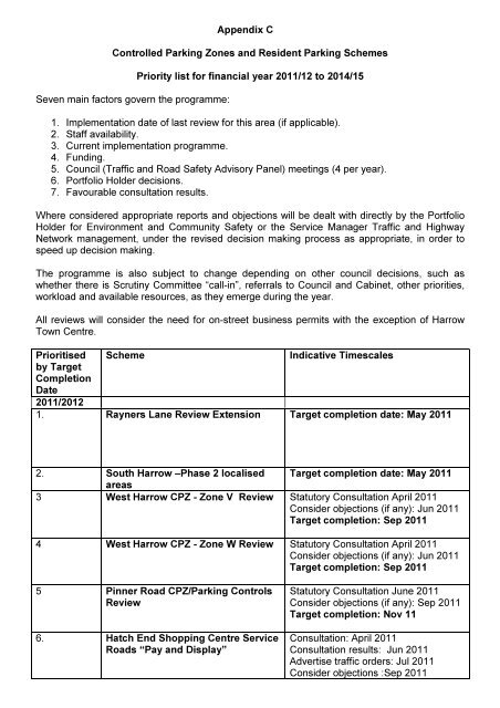 Appendix C Controlled Parking Zones and ... - Harrow Council