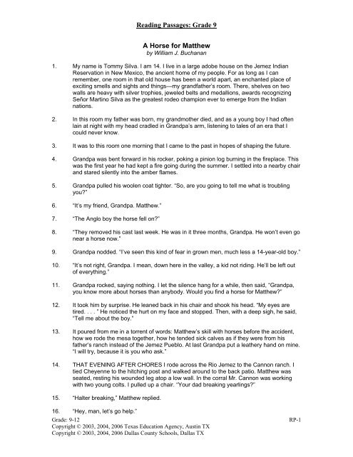 Reading Passages: Grade 9 - Dallas County Schools