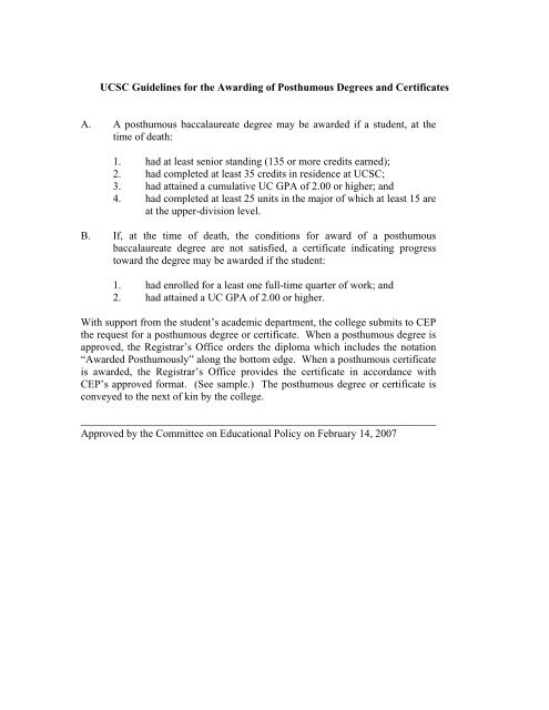 Posthumous Degree and Certificate - Academic Senate - University ...