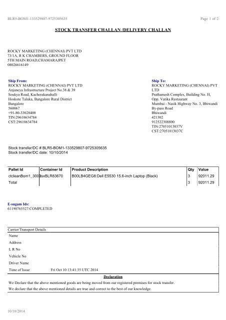 STOCK TRANSFER CHALLAN /DELIVERY CHALLAN