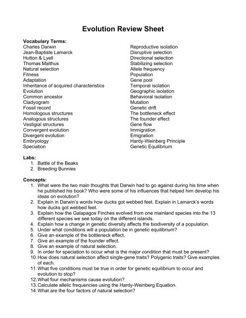 Evolution Review Sheet Nnhsbergbio 6608
