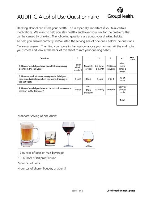 Audit C Alcohol Use Questionnaire Group Health Cooperative