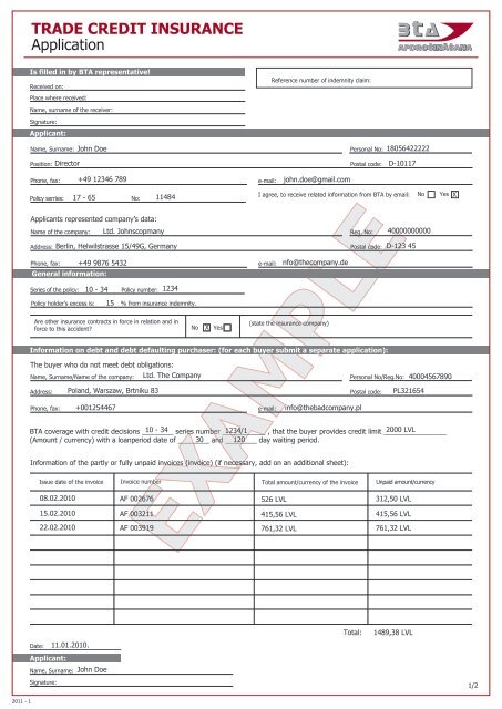 TRADE CREDIT INSURANCE Application - BTA