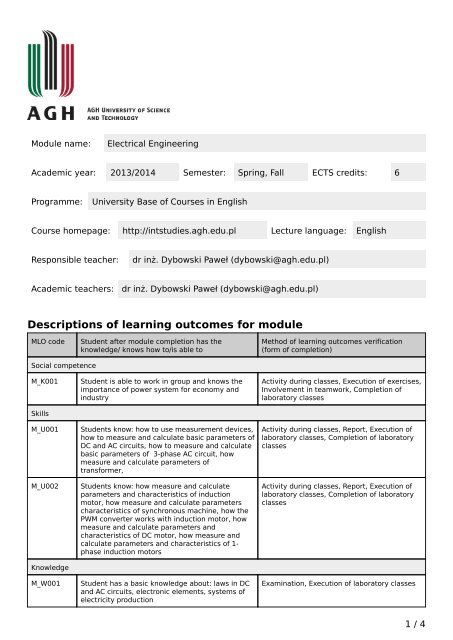 Descriptions of learning outcomes for module - AGH
