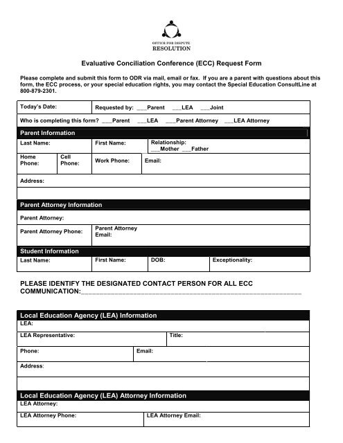 Evaluative Conciliation Conference (ECC) Request Form PARENT ...