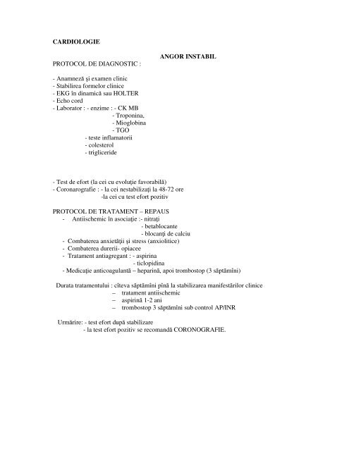 CARDIOLOGIE ANGOR INSTABIL PROTOCOL DE DIAGNOSTIC ...