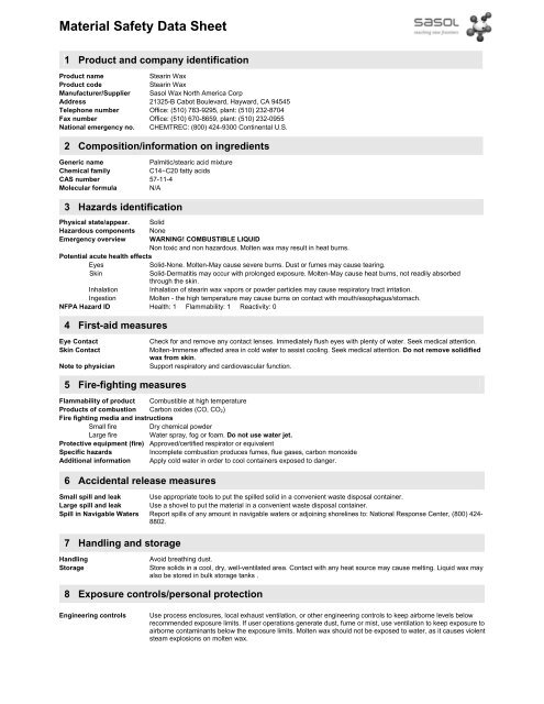 Stearin Wax MSDS.pdf - Sasolwax US